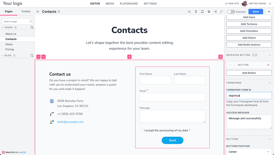 Seamless Form handling in React Bricks with Formspree