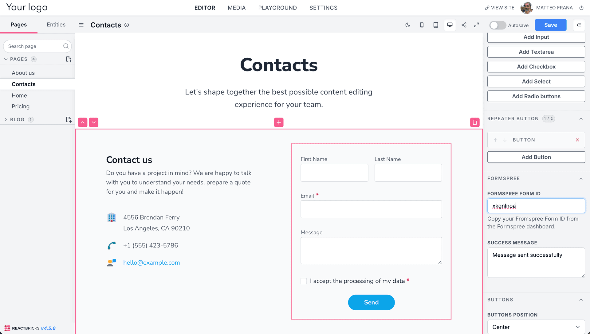 Seamless Form handling in React Bricks with Formspree