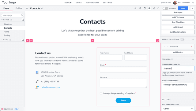 Seamless Form handling in React Bricks with Formspree